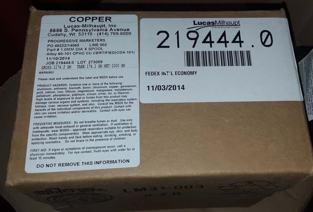 Lucas-Milhaupt COPPER 1.0 MM DIA X SPOOL ALLOY 60-101 OFHC CU CERTIFIED ...